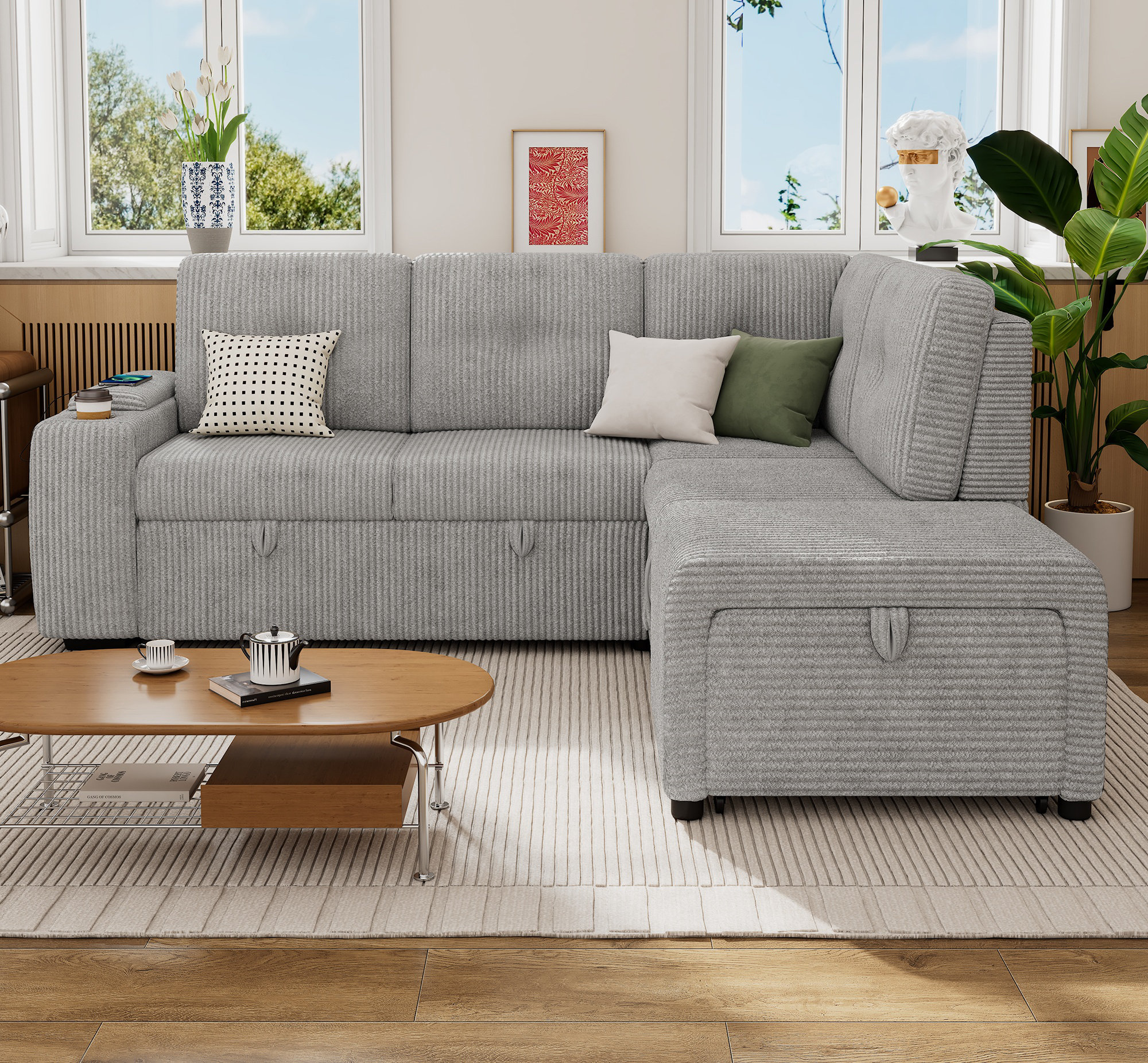 Latitude Run® 94" Sectional Sofa Pull-out Sofa Bed L-shaped Sofa with Movable Ottoman and Stool ...